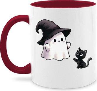 Shirtracer Tasse Tassen 325ml - S&uuml;&szlig;es Geister Motiv mit Katze | Halloween Katzenmotiv - 325 ml - Bordeauxrot - halloween-tasse haloween outfits geist mug grusel 