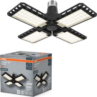 Osram Highbay Blade Deckenlampe in Schwarz, Kunststoff, mit verstellbaren Lichtflügeln, bietet 23 W bzw. 2350 lm in Neutralweiß mit 4000 K, E27 Schraubgewin
