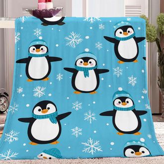 Generic 150 x 200 cm Kuscheldecke Flanell mit Cartoon Pinguin & Schneeflocken Motiv, Extra Weiche Flauschige Decke f&uuml;r Kinder & Erwachsene, Bedruckte Thermo-F
