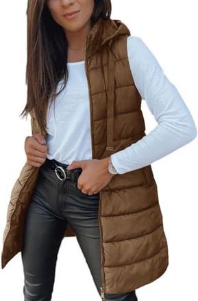 Generic Gilet long à capuche pour femme, gilet rembourré en duvet avec poches, vêtement dextérieur chaud pour lautomne et lhiver avec poches, marron clair, XX