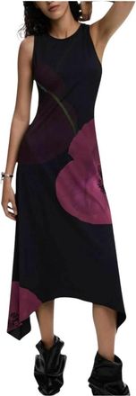 Desigual Femme, Robes, Noir, Taille: 42 FR Asymmetric Poppy-Print Midi Dress