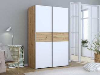 Loftscape home24 Schwebetürenschrank Potine 120 x 191 x 61cm Braun/Weiß/Eiche Artisan Dekor/Weiß