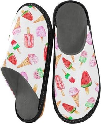 HMZXZ Pantoufles aquarelle cr&egrave;me glac&eacute;e pour homme et femme, motif fruits d&eacute;t&eacute;, chaussons dint&eacute;rieur pour la maison, la chambre &agrave; coucher, les voyages, mult