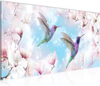 Runa Art Wandbild Blumen Magnolien 1 Teilig 100 x 40 cm Modern Bild auf Vlies Leinwand Kolibri Wohnzimmer Blau 015612b