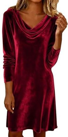 Generic Robe en velours avec col cascade pour femme - Robe &agrave; manches longues pour lhiver 2025 - Robe jaune pour femme Belle, Bordeaux, 3XL