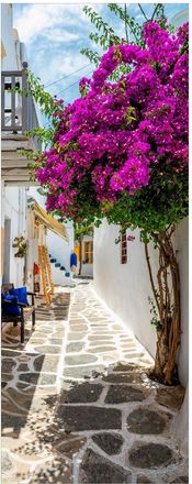 Wallario Glasbild Griechische Bl&uuml;tengasse - 50 x 125 cm Wandbilder Glas in Premium-Qualit&auml;t: Brillante Farben, freischwebende Optik