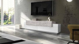 Dmora TV-Schrank Teo, niedriges Wohnzimmer-Sideboard, Fernsehständer-Basis, 100 % Made in Italy, 200 x 45 x 52 cm, glänzendes Weiß und Zement