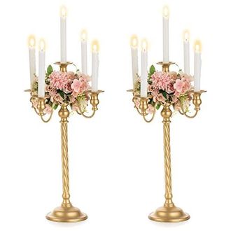 Nuptio Nuptio Chandelier Or 53cm: 2 Pi&egrave;ces Chandelier sur Pied pour Centre de Table, 5 Bras Chandeliers Vintage pour D&eacute;coration de Chemin&eacute;e de R&eacute;ception de M