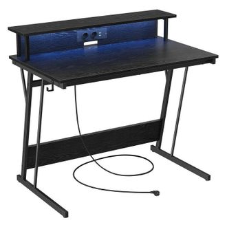 Vasagle Bureau Gaming avec LED et Multiprise, Table Gamer, Bureau Informatique avec Rehausseur d&Eacute;cran, pour 2 Ordinateurs, pour Chambre, 60 x 120 x