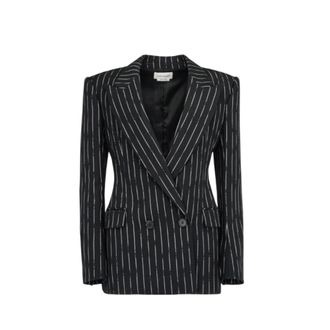 Alexander McQueen Doppelreihiger Wollmantel mit Broken Pinstripe - - Jackets - Damen - Schwarzk - XS
