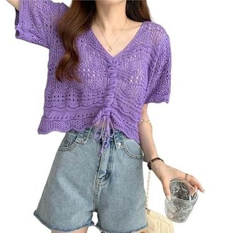 Generic Débardeur en Tricot Crocheté pour Femme, Haut Court avec Bordure en Dentelle, Col en V, Cordon De Serrage, Tendance, Ajouré, Motif Floral, Manches Cou