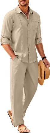 Coofandy Herren 2-teiliges Leinen-Set, l&auml;ssig, lang&auml;rmelig, Button-Down-kubanisches Hemd und lockere Hose, Strandurlaub-Outfits, Khaki, 4X-Large