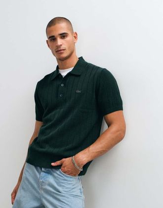 Lacoste geripptes Strick-Polo in Dunkelgr&uuml;n