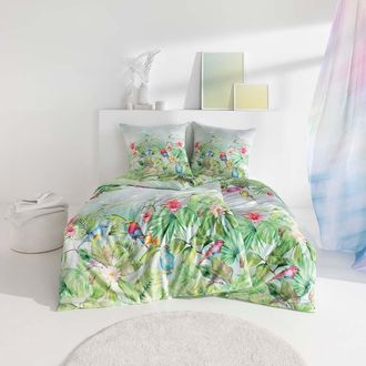 ESTELLA Mako-Satin Bettw&auml;sche 155x220 Clare gr&uuml;n Bl&auml;tter V&ouml;gel Dschungel 4829-530