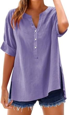 Generic Haut en lin pour femme - Couleur unie - Col montant - Manches longues - Chemisier d&eacute;t&eacute; en coton &agrave; manches longues - Haut surdimensionn&eacute; Lagenlook - Ha