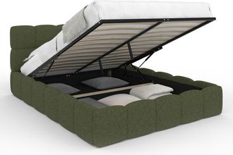 IDMarket Lit coffre double NUAGE avec t&ecirc;te de lit matelass&eacute;e et sommier 140 x 190 cm tissu bouclette vert kaki