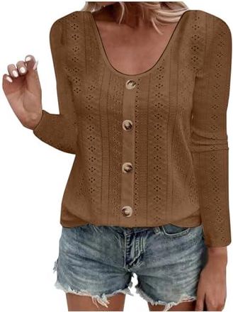 Generic Haut boutonné à col rond pour femme - Avec oeillets brodés - Confortables - Couleur unie - Tunique basique - Chemisier élégant pour sortir - Haut ampl