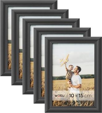 Woltu Lot de 5 Cadre Photo 10x15cm Cadre en Bois Massif avec Passe Partout, Suspendre Horizontalement ou Verticalement, D&eacute;coration Murale ou sur Table, Noir