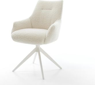 DELIFE Drehstuhl Alja-Flex mit Armlehnen Teddystoff Beige Kreuzgestell breit Wei&szlig; 360&deg; drehbar Wippfunktion Taschenfederkern, Esszimmerst&uuml;hle