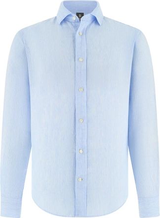 Boggi Milano Homme, Chemises, Bleu, Taille: 3XL Chemise &agrave; Rayures en Lin Col Ferm&eacute; Coupe R&eacute;guli&egrave;re