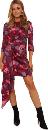 Chi Chi London Damen Midikleid mit Drapierung und Blumenmuster in Berry Cocktailkleid, Beere, 40