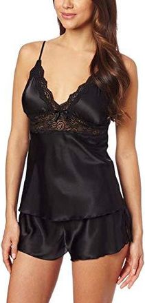 ORANDESIGNE Ensemble Pyjama Femme Satin Court Dentelle 2 Pièce Cami Chemise de Pyjama Sexy sans Manches Lingerie Vêtements De Nuit Pyjama Set B Noir 34