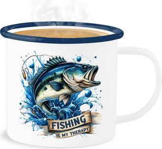 Shirtracer Emaille Becher Blechbecher - Angeln Tassen - Fishing is my therapy - Fischer Geschenk - 300 ml - Wei&szlig; Blau - angler fisch fischen angel geschenke f&uuml;r