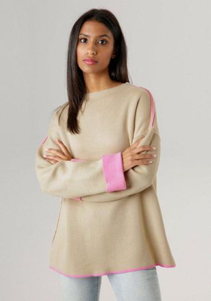 Aniston Strickpullover mit rosafarbenen Zierkanten
