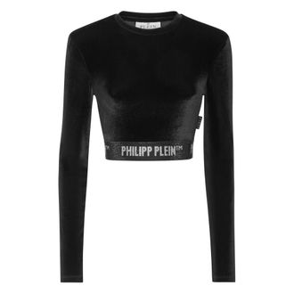 Philipp Plein Femme, Tops, Noir, Taille: 40 FR Top court &agrave; manches longues et &eacute;paules rembourr&eacute;es Crystal
