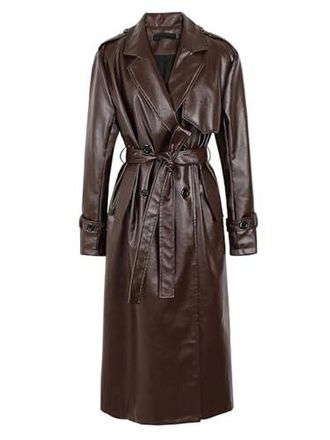 Generic Trench-coat long ample en cuir PU noir pour femme - Veste classique &agrave; double boutonnage pleine longueur, marron, S