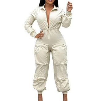 Generic Combinaison dhiver pour femme - Fermeture &eacute;clair en m&eacute;tal - Pantalon sac &agrave; pain - Col en V profond - Manches longues - Cordon de serrage - Pantalon - 