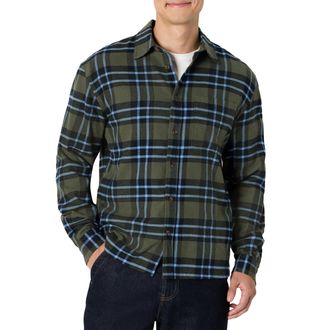 Amazon Essentials Herren (Demis Favorit) Langärmliges Relaxed-Fit-Flanellhemd, Dunkles Olivgrün Blau Einfaches Plaid, L