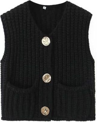 Generic Gilet sans manches pour femme, élégant cardigan en tricot pour femme, gilet à boutons dautomne avec poches confortables, Noir, S