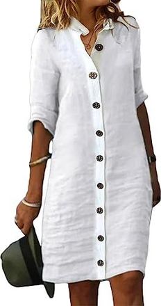 TOMWELL Femme Robe &Eacute;t&eacute; Manches Courtes Couleur Unie Dentelle Robe Courte Au Genou Robe Casual Grande Taille Mini Robe Les Vintage Robe de Plage G Blanc S