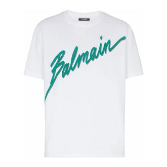 Balmain Homme, Tops, Blanc, Taille: 2XL T-shirt floqu&eacute; Lettre