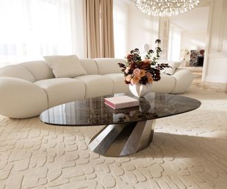 DELIFE Couchtisch Edge Oval 140x75 cm Keramik Emperador Extra Lucidato Dunkelbraun Parabi Edelstahl geb&uuml;rstet, Couchtische