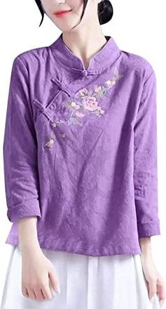 Generic Chemises Qipao brodées pour femme - Élégantes à manches longues - Col mandarin - Boutons grenouille - Haut Cheongsam chinois oriental - Vêtements trad