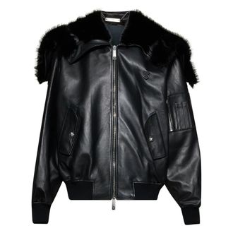 John Richmond Homme, Vestes, Noir, Taille: S Blouson de motard en cuir avec col en fourrure