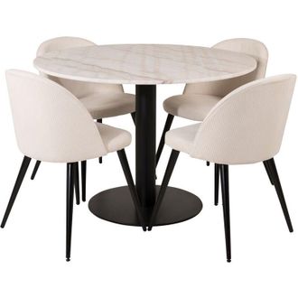 ebuy24 Estelle&Oslash;106WHBL Essgruppe Esstisch wei&szlig;, Marmor und 4 Velvet Esszimmerst&uuml;hle Samt beige, schwarz
