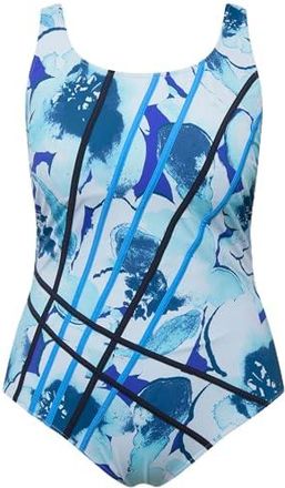 Ulla Popken Maillot de Bain Alice, Rayures et Fleurs pièce, Bleu Moyen, 3 Mois Femme