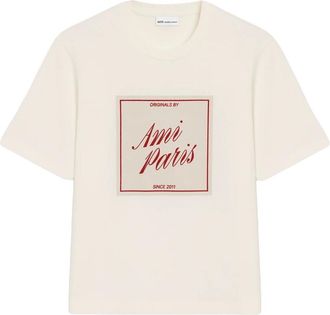 Ami Femme, Tops, Beige, Taille: 42 FR T-shirt &agrave; manches courtes coupe carr&eacute;e avec signature imprim&eacute;e