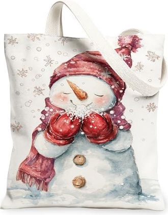 Generic Sacs fourre-tout en toile motif bonhomme de neige mignon, sacs de courses r&eacute;utilisables, confortables pour les vacances, l&eacute;gers, lavables &agrave; l&eacute;paule S,