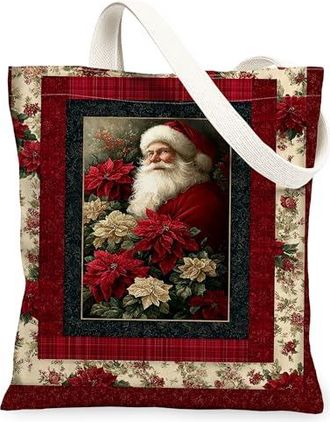 Generic Sacs fourre-tout en toile de No&euml;l, sacs de courses r&eacute;utilisables, motif floral vintage, r&eacute;tro, l&eacute;ger, lavable, Rouge, 13x15 Inch