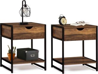 IDMarket Hawkins Nachttisch, 1 Schublade mit Ablage, dunkles Holz, Industriedesign, 2 Stück