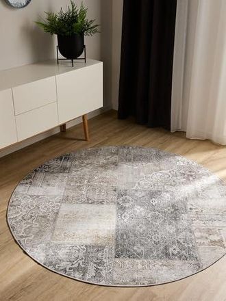 benuta Basic Tapis Salon George - Gris 160 cm Rond - Lavable - Vintage, Élégant, Rétro pour Chambre, Couloir, Salle à Manger