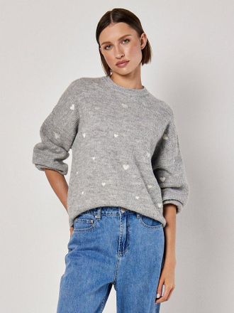 Apricot Rundhalspullover Strickpullover mit aufgestickten Herzen