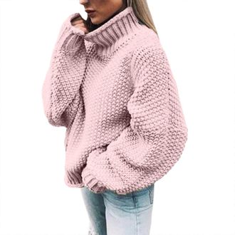 Generic Oversize Pullover Damen Lang Rollkragenpullover Baumwolle Herbst Strickpullover Grobmaschig Fledermaus Pulli Winter Sweater Warmer Baumwollpullover Da