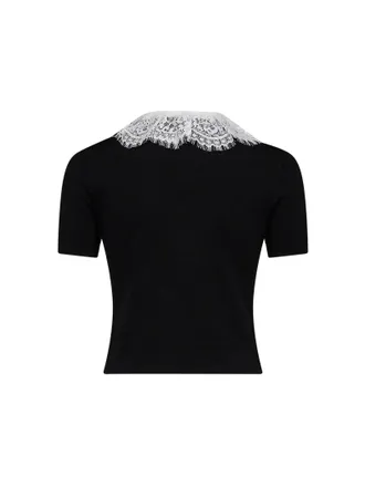 Self Portrait Womens Knit Top With Lace Collar Black Wool Sweater