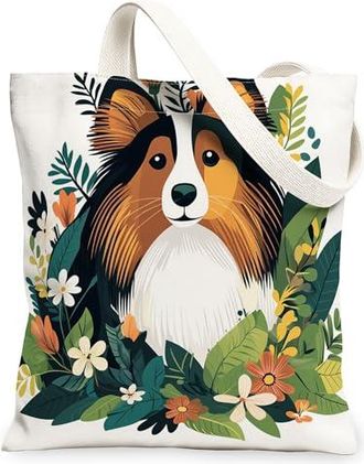 Generic Sac fourre-tout en toile motif chien de berger des Shetland printaniers 33 x 38,1 cm, sac d&eacute;picerie r&eacute;utilisable avec motif imprim&eacute; de plantes, fleurs