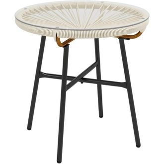 OUTSUNNY Table basse ronde de jardin en r&eacute;sine aspect rotin m&eacute;tal et plateau verre tremp&eacute; &oslash; 50 x 50H cm cr&egrave;me